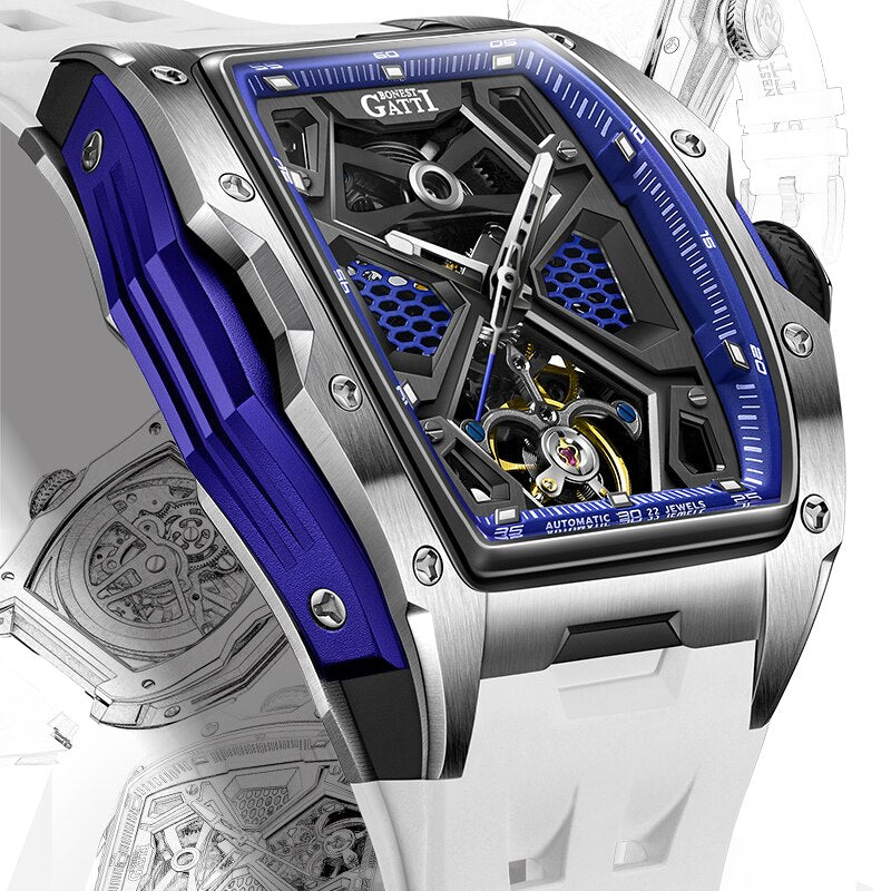 BONEST GATTI Men Luxury Watch Tonneau Automatic Mechanical Wristwatch ...