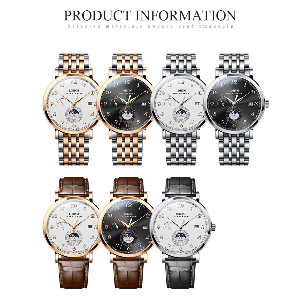 Lobinni Automatic Men Watch For Mens Wristwatch Clock Moon Phase Man ...